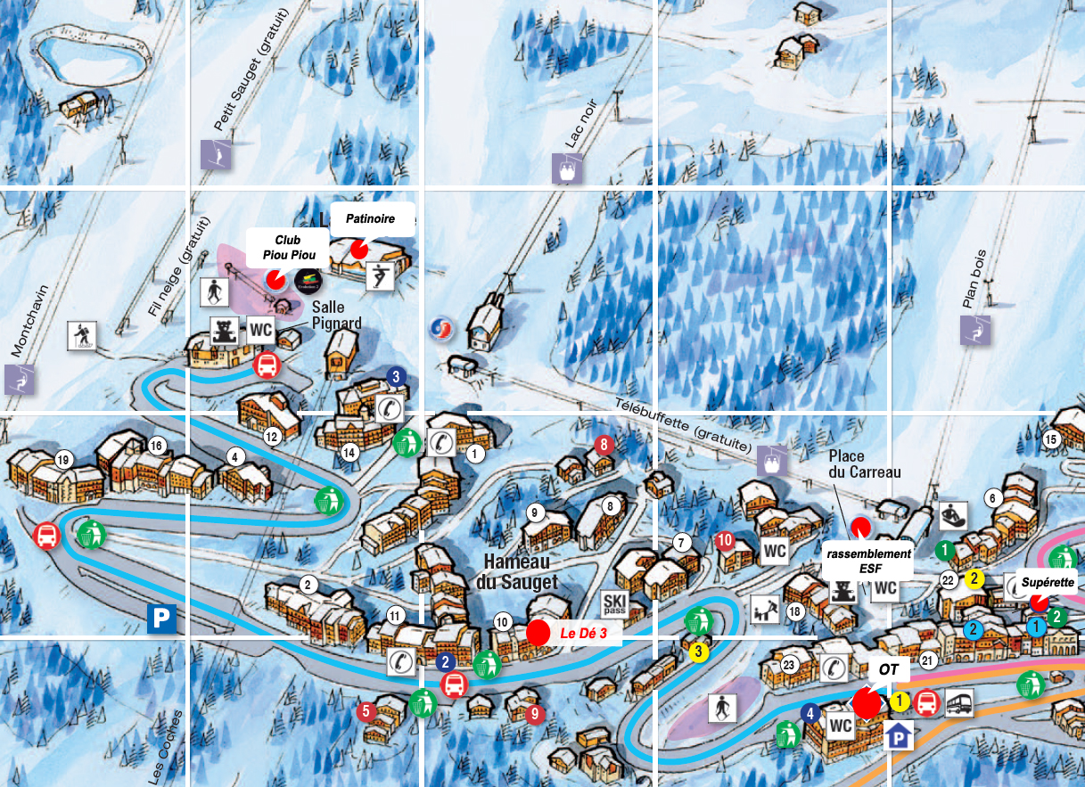 Les Coches Ski Map Winter walks : Plan Bois via Praz Salvard Montchavin ...