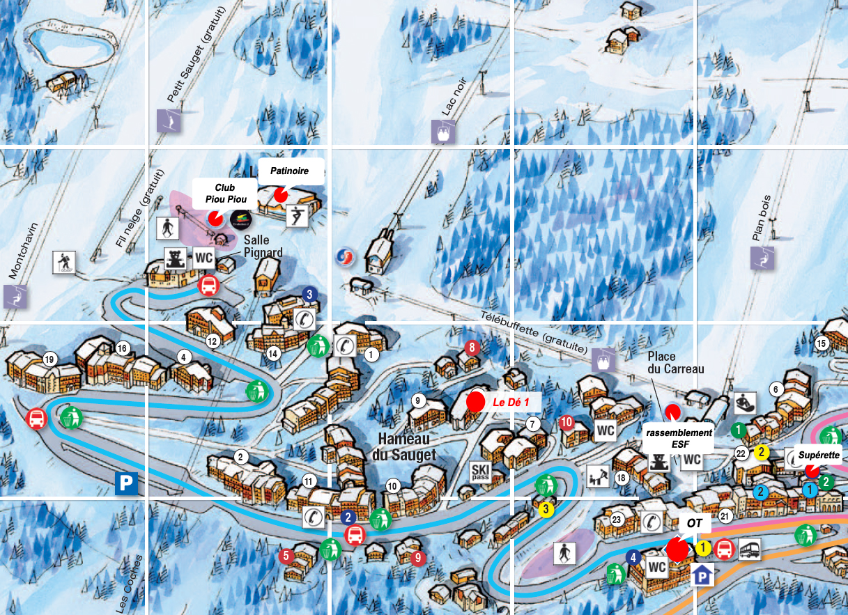 Les Coches Ski Map Winter walks : Plan Bois via Praz Salvard Montchavin ...